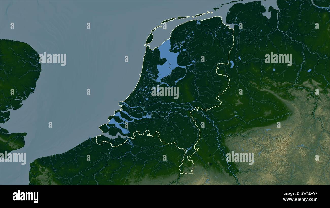 Netherlands outlined on a Colored elevation map with lakes and rivers ...
