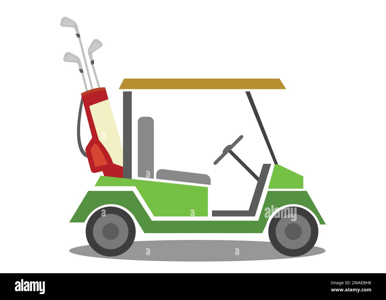 Flat illustration side view of green color Golf cart on white ...