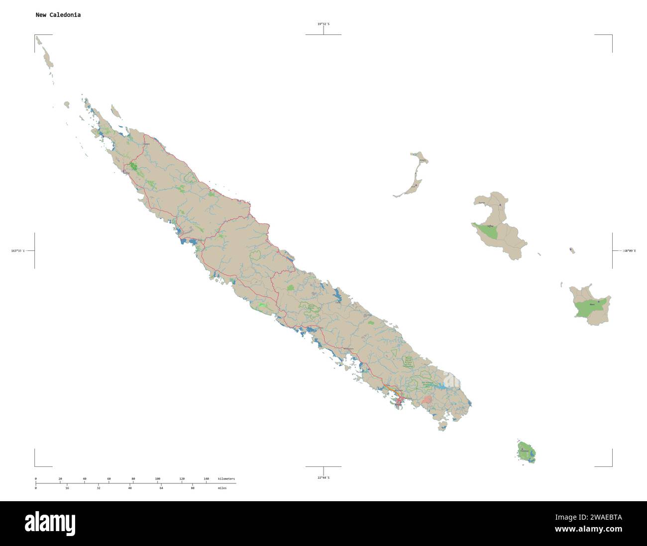 Shape of a topographic, OSM Germany style map of the New Caledonia, with distance scale and map ...