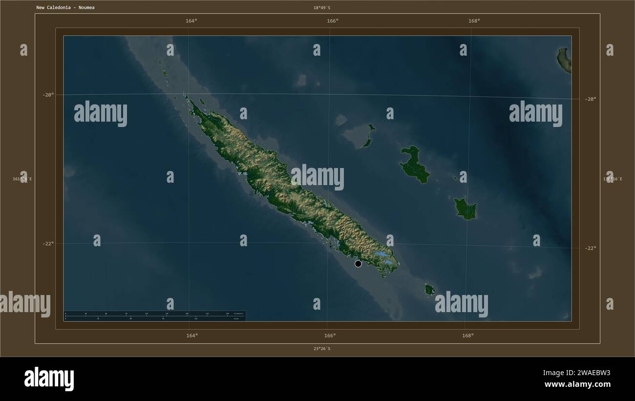 New Caledonia highlighted on a Colored elevation map with lakes and ...