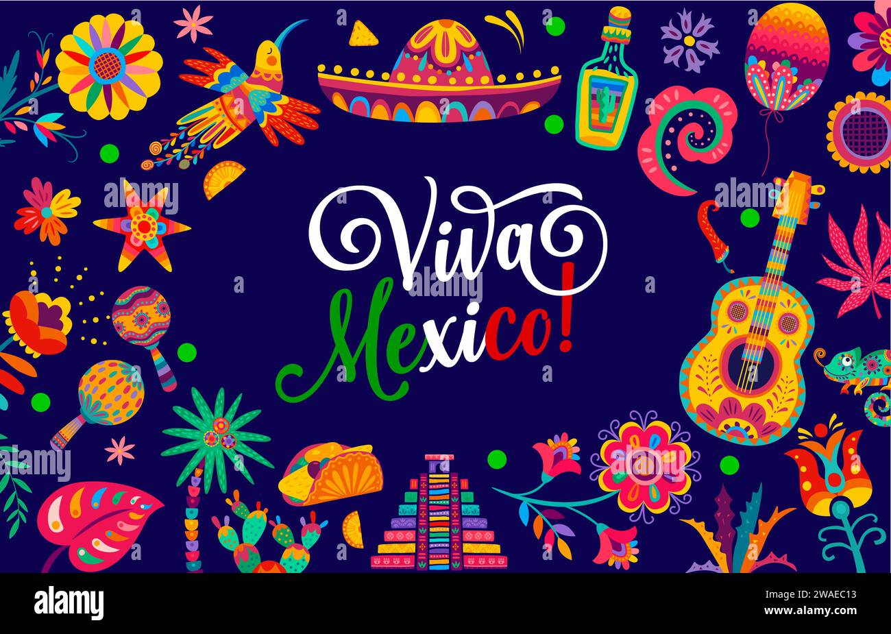 Viva Mexico banner with tropical flowers, sombrero and tex mex cuisine ...