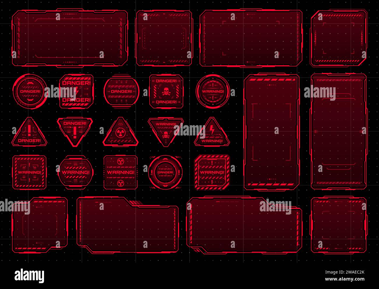 HUD red warning frames, futuristic game screen borders and danger signs, vector UI interface ...