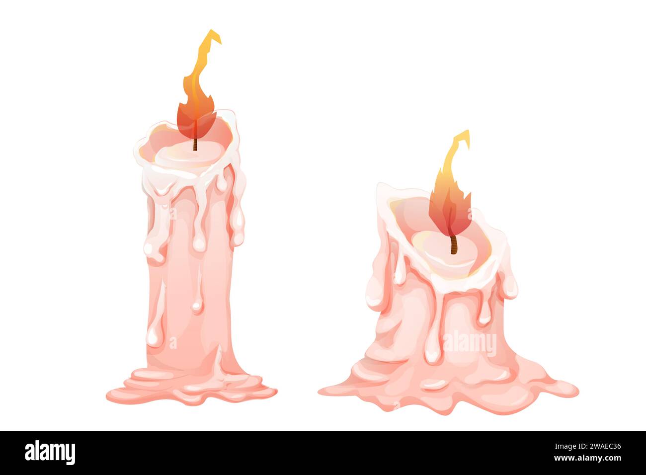 Wax candle with fire, flame in cartoon style isolated on white ...