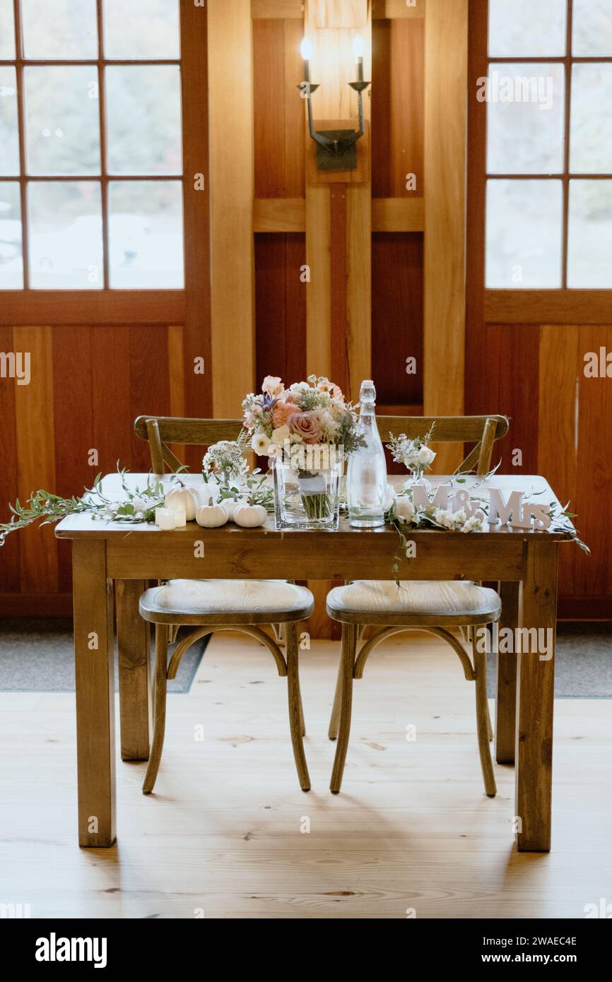 A contemporary dining table with chairs and floral decorations for the ...