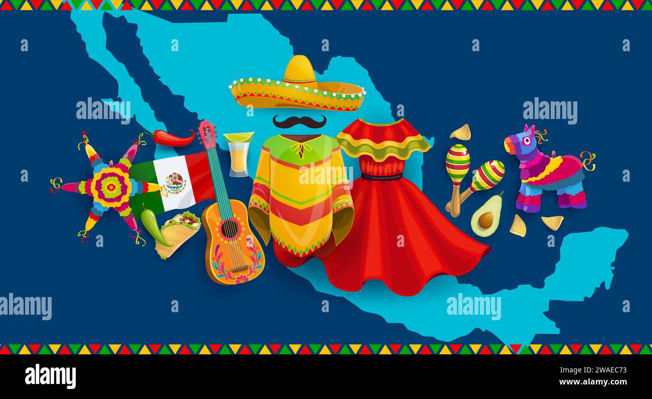 Mexico map with national flag, cuisine meals, musical instruments and plants. Mexican culture ...