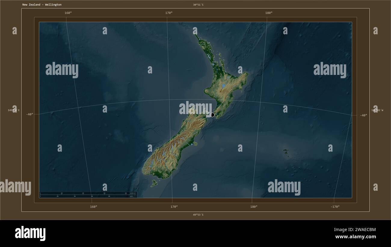 New Zealand highlighted on a Colored elevation map with lakes and ...
