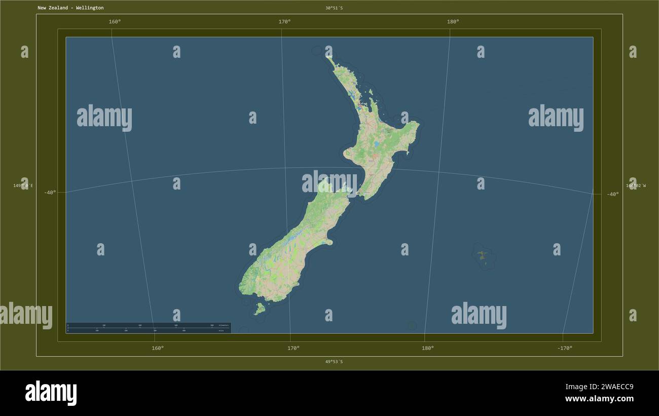 New Zealand highlighted on a topographic, OSM standard style map map ...