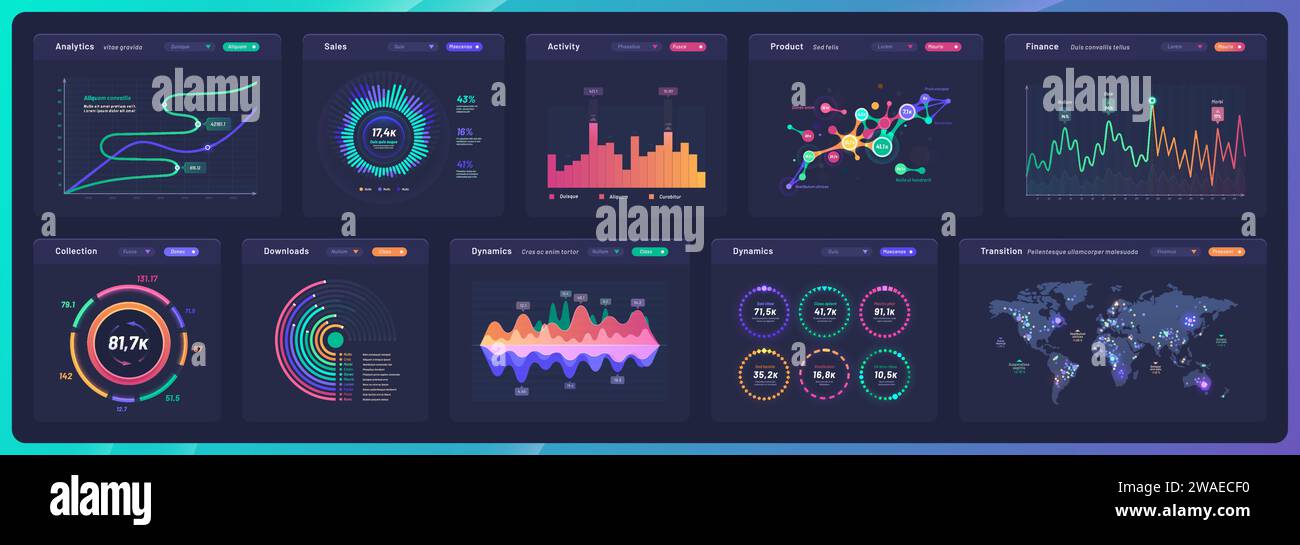 Dashboard data charts, infographics, graphs and info diagrams. Business presentation charts ...