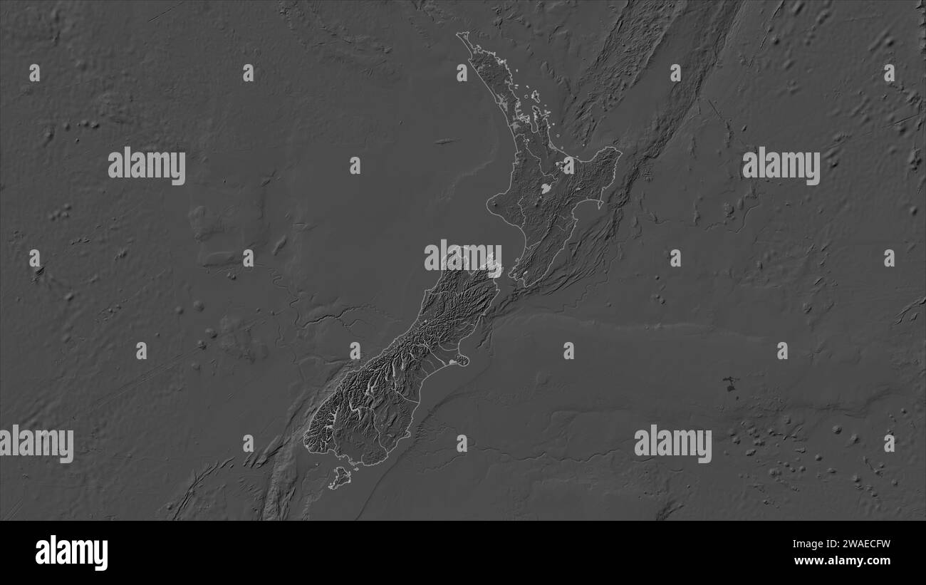 New Zealand highlighted on a Bilevel elevation map with lakes and ...