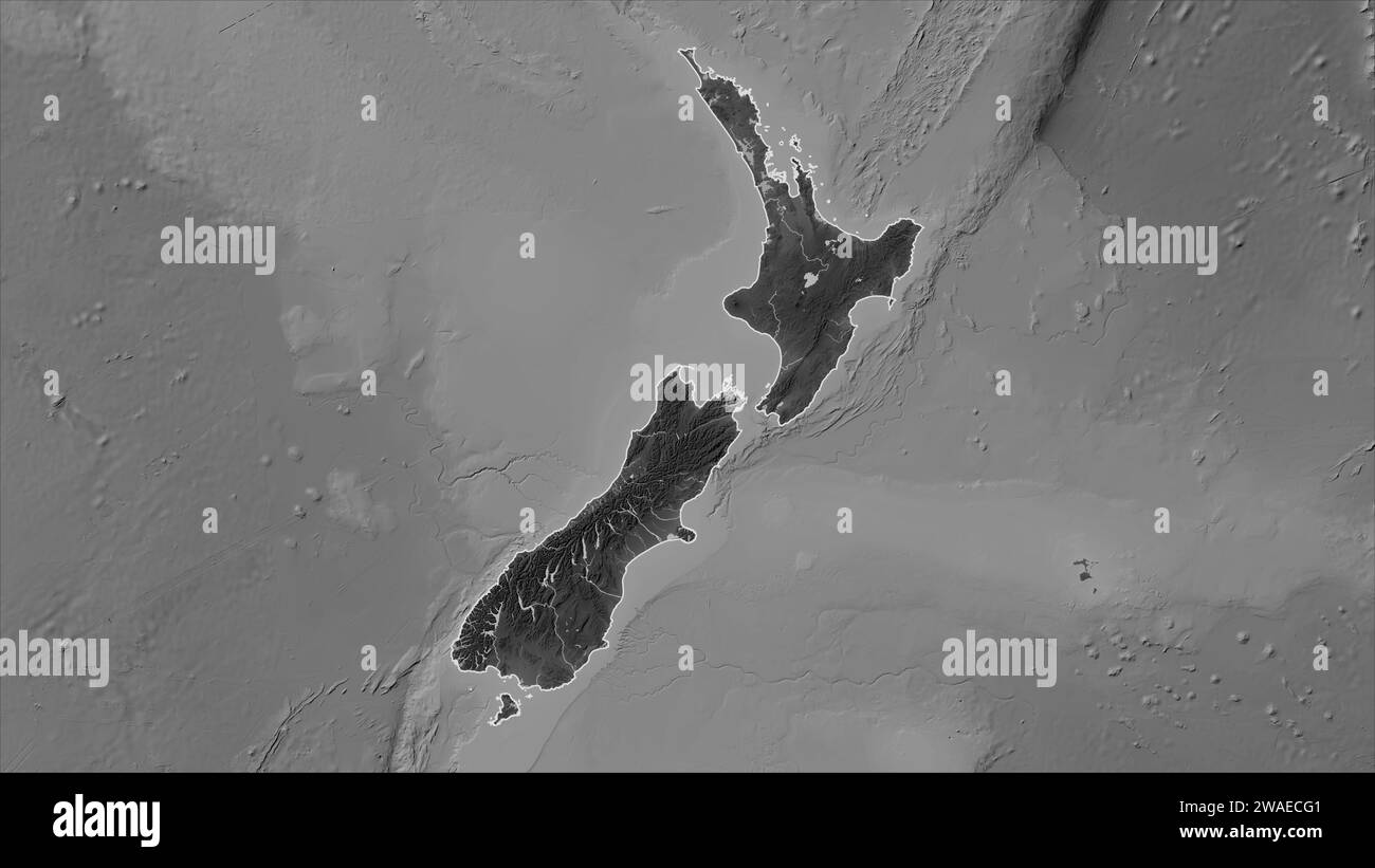 New Zealand outlined on a Grayscale elevation map with lakes and rivers ...