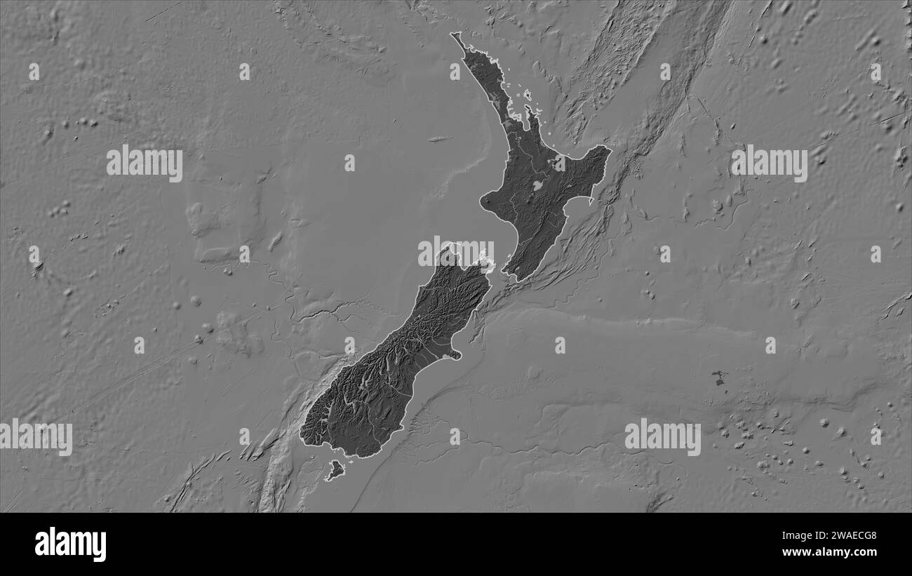 New Zealand outlined on a Bilevel elevation map with lakes and rivers ...