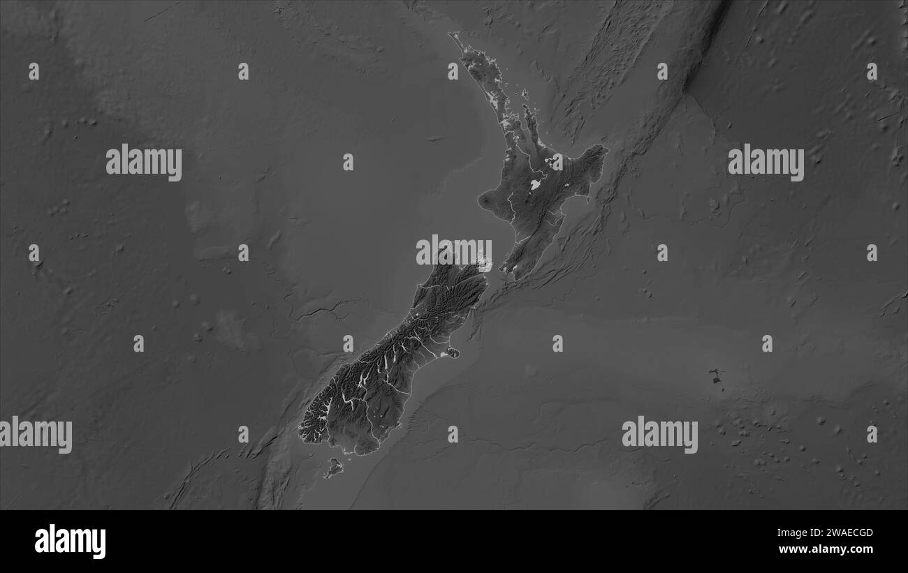 New Zealand highlighted on a Grayscale elevation map with lakes and ...