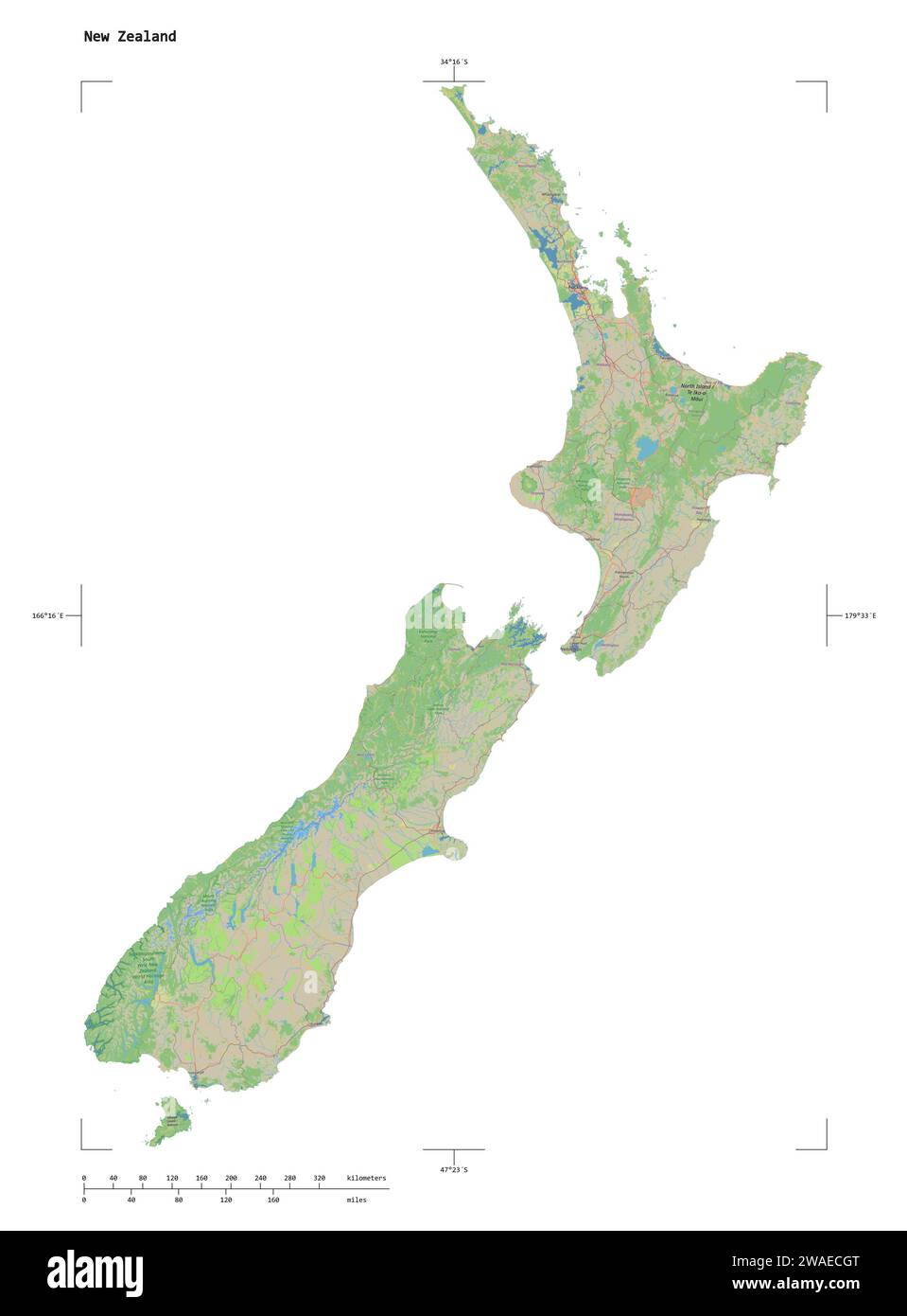 Shape of a topographic, OSM standard style map of the New Zealand, with distance scale and map ...