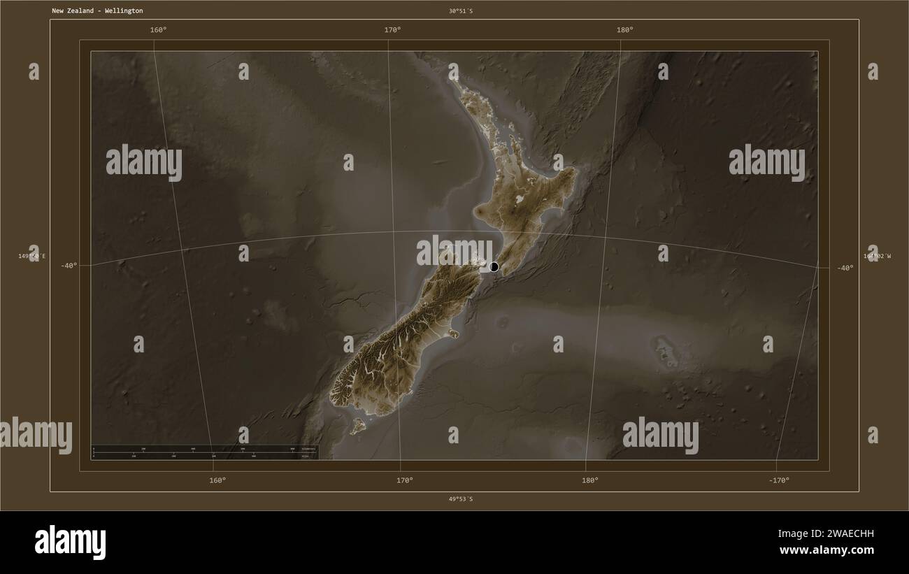 New Zealand highlighted on a elevation map colored in sepia tones with ...