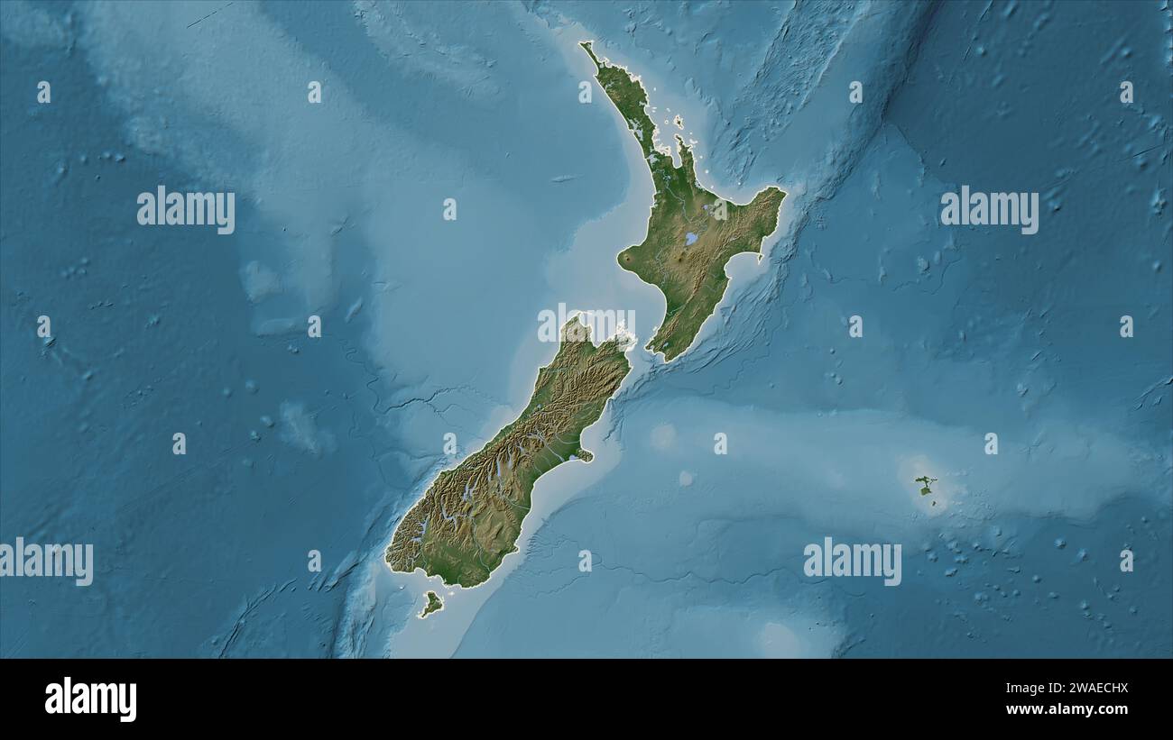 New Zealand outlined on a Pale colored elevation map with lakes and ...