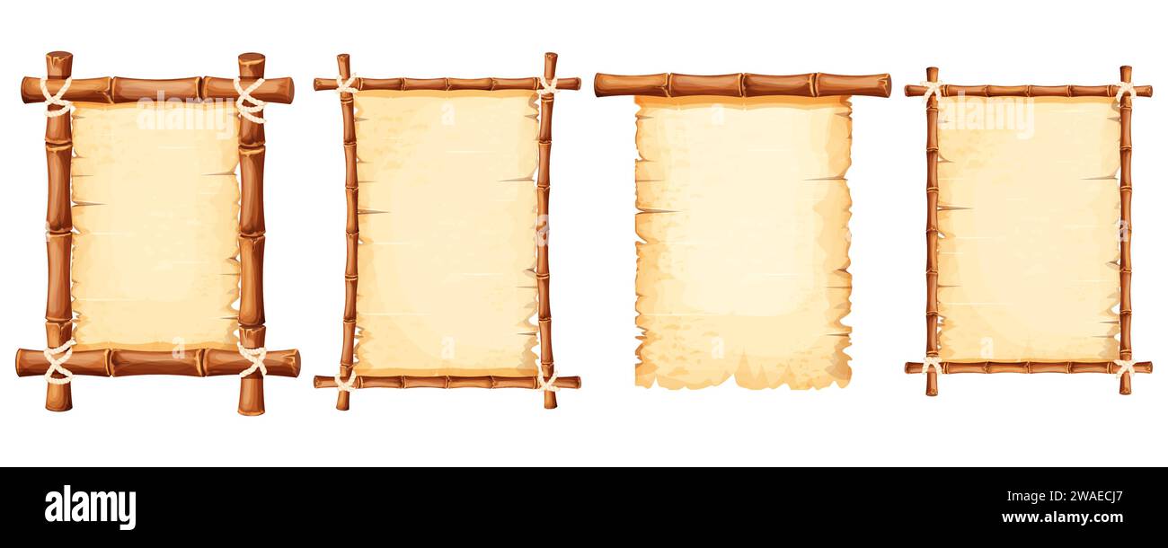 Set Bamboo frames with old parchment paper decorated with rope in ...