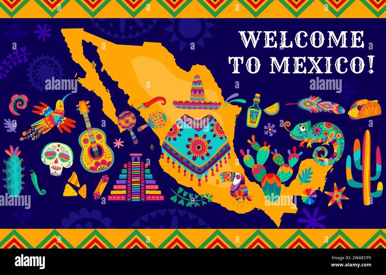 Mexico map with national cuisine, animals, plants and musical ...