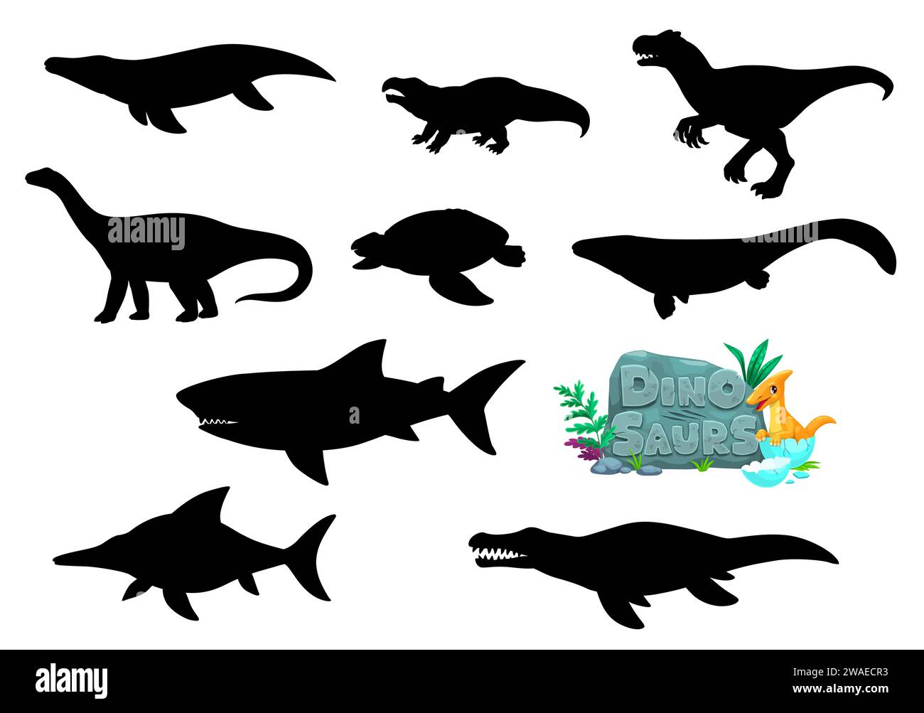 Cartoon dinosaurs reptiles character silhouettes. Prehistoric reptile ...