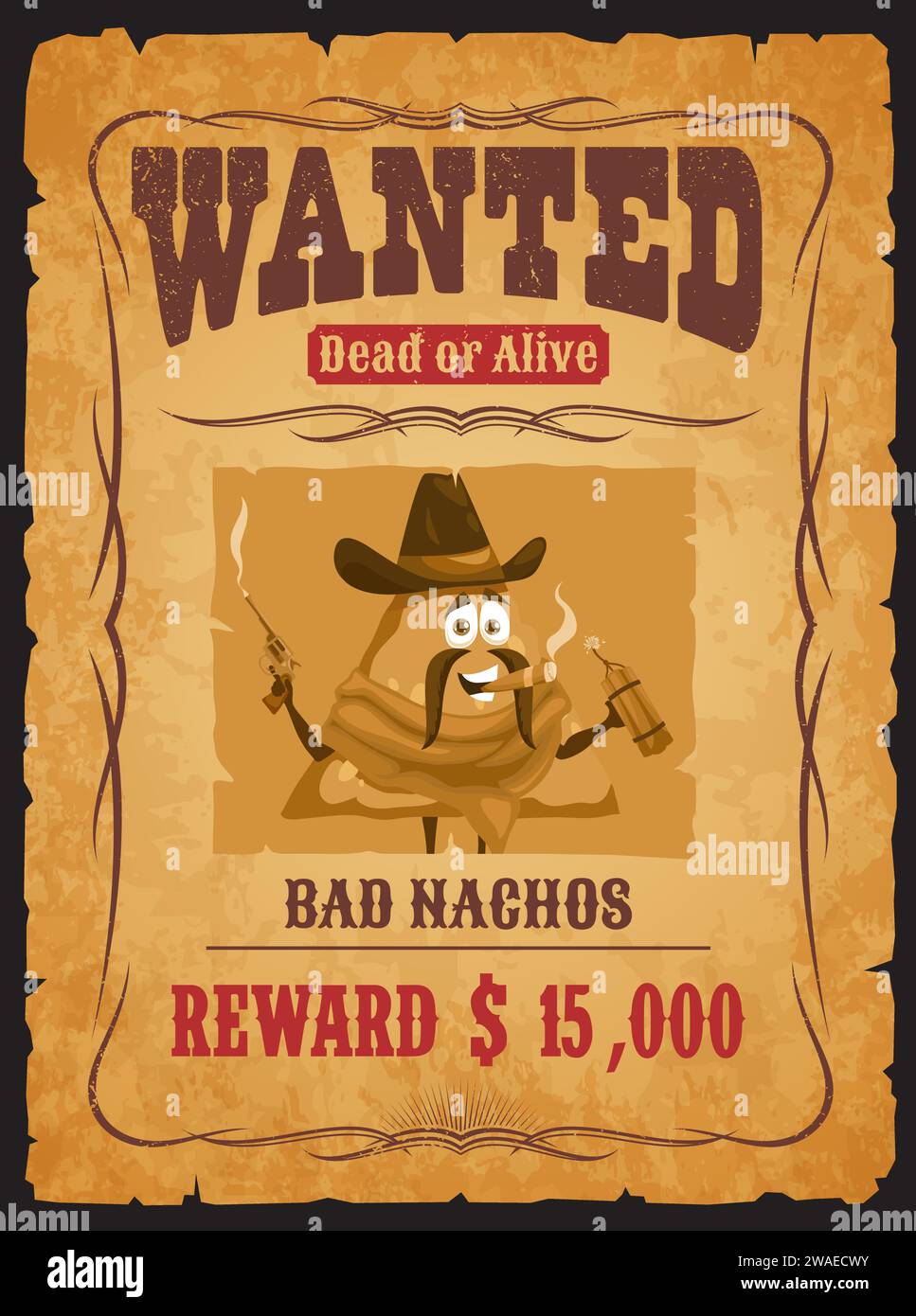 Western wanted poster with bad nachos robber character. Vintage Wild ...