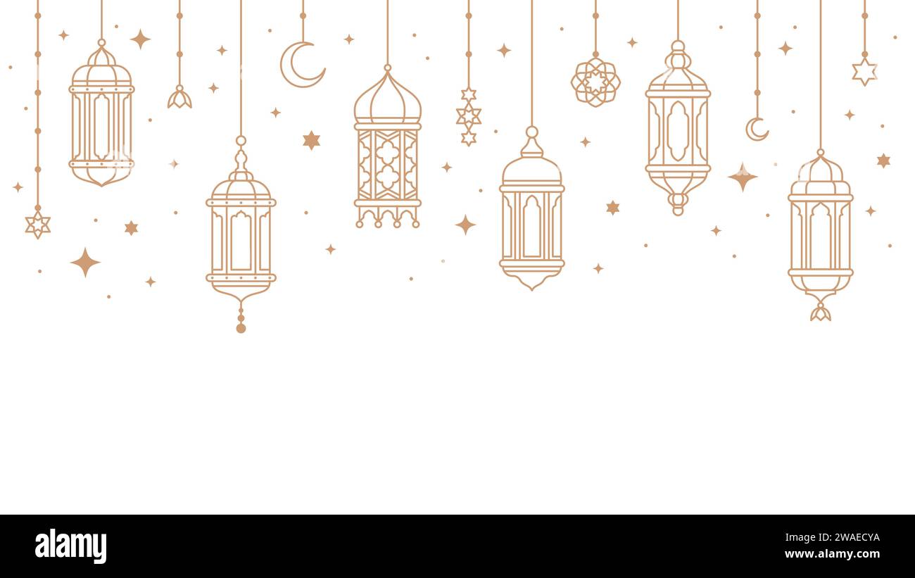 Ramadan kareem arabian lanterns and lamps border. Middle east antique ...