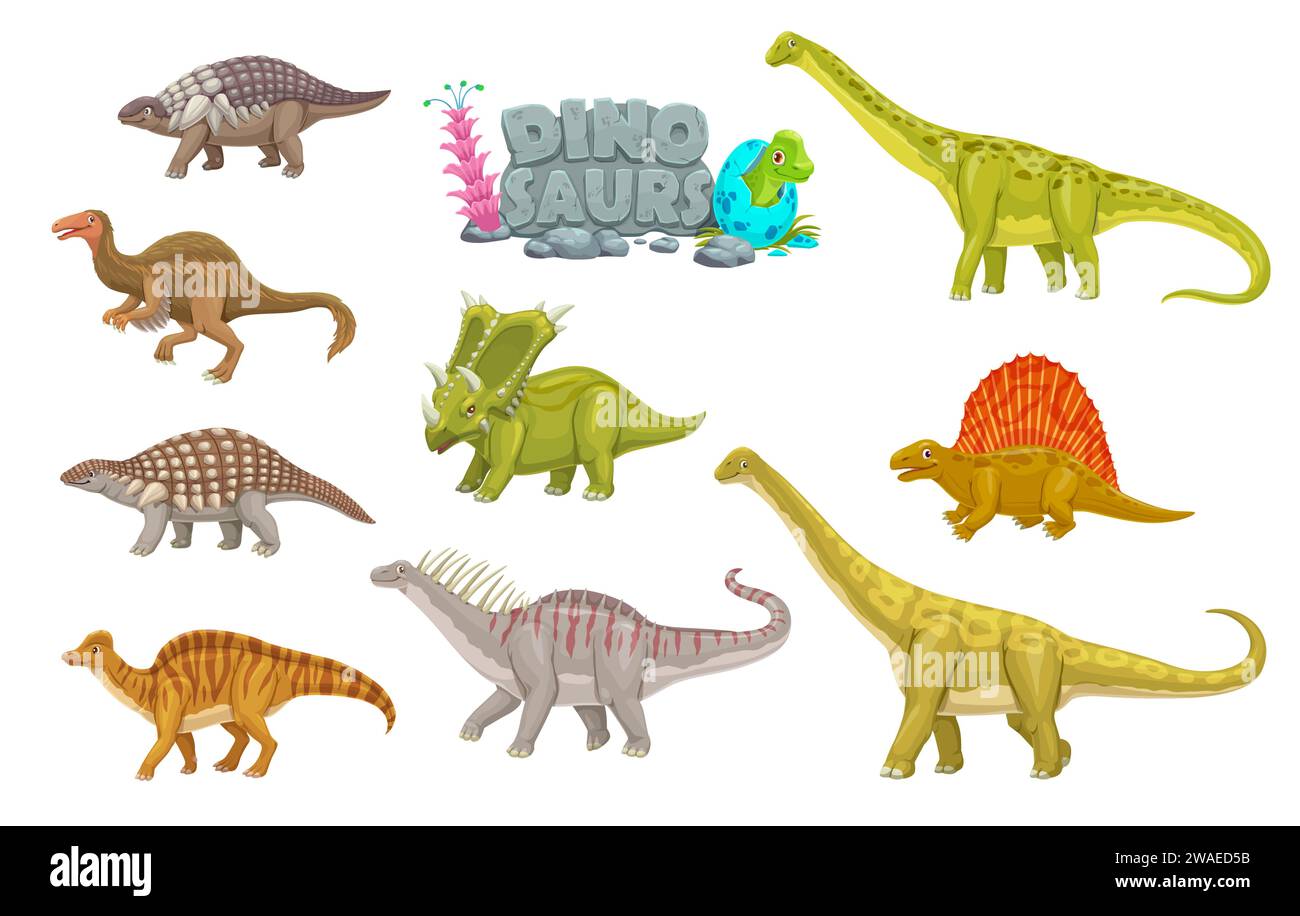 Cartoon dinosaurs animals funny characters. Prehistorical reptiles ...