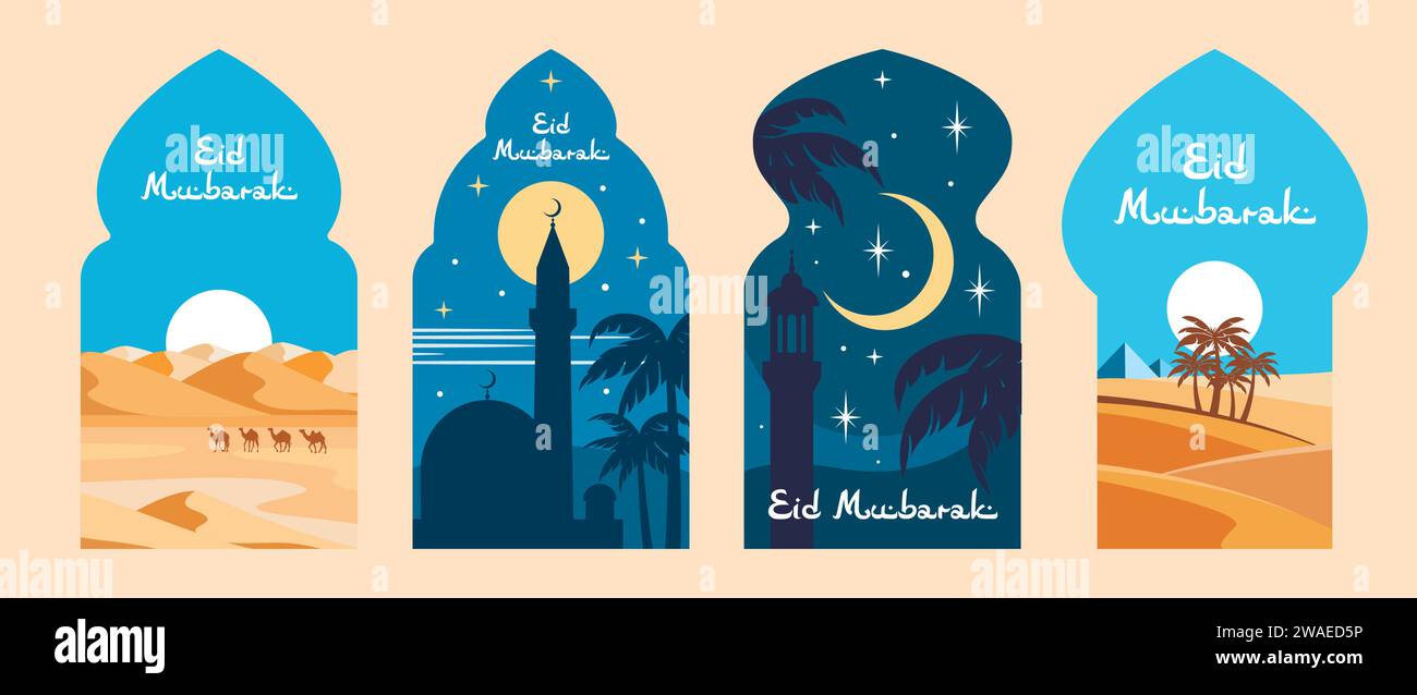 Eid Mubarak holiday, mosque windows with arabic landscapes. Islam ...