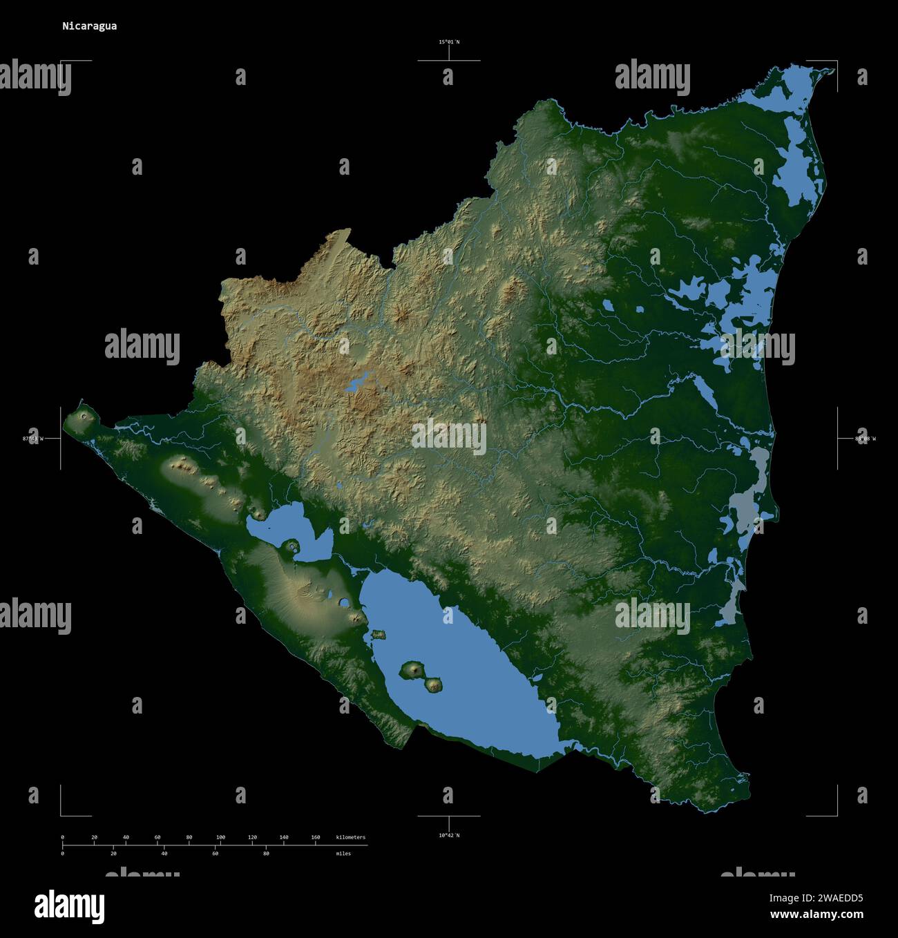 Shape of a Colored elevation map with lakes and rivers of the Nicaragua ...