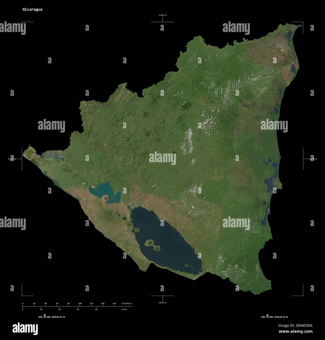 Shape of a high resolution satellite map of the Nicaragua, with ...