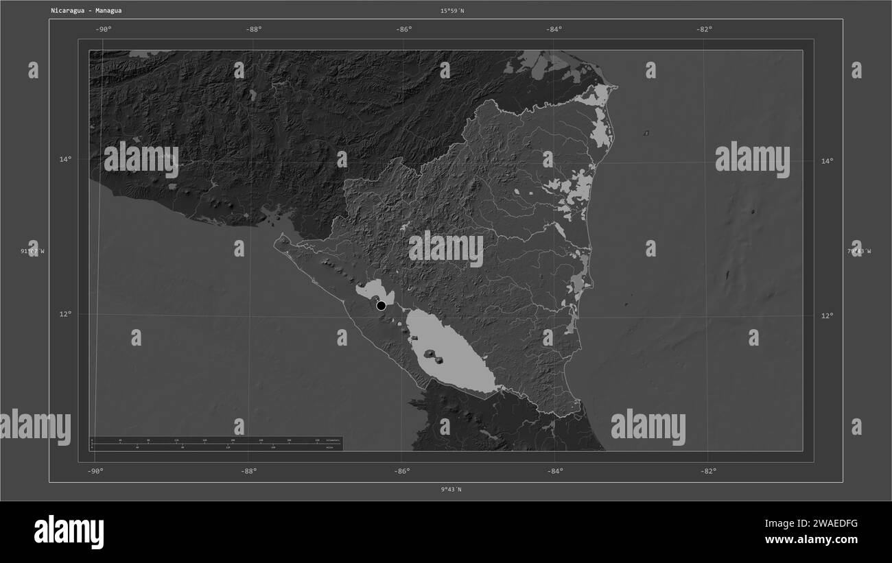 Nicaragua highlighted on a Bilevel elevation map with lakes and rivers ...