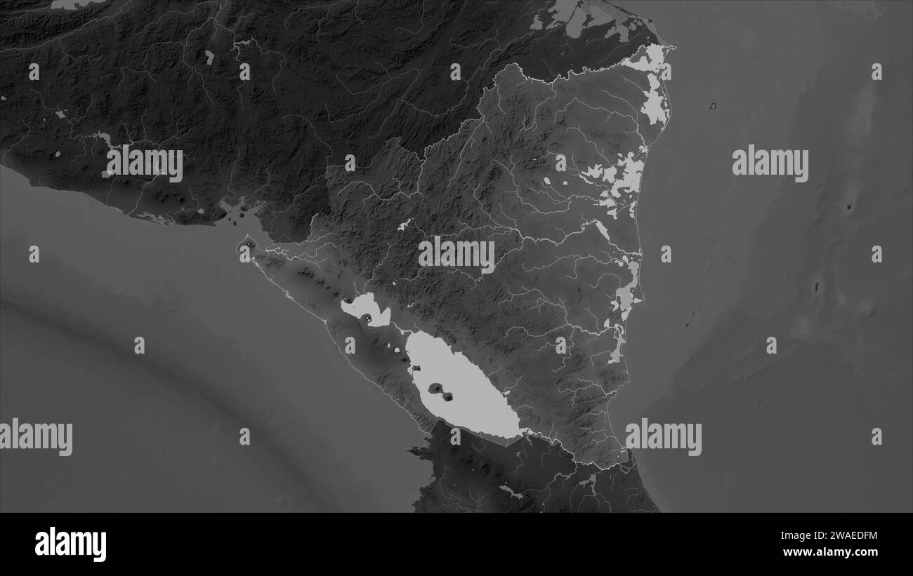 Nicaragua highlighted on a Grayscale elevation map with lakes and ...