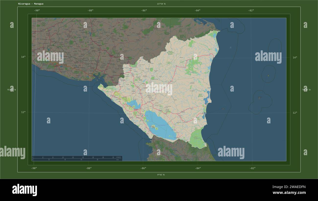 Nicaragua highlighted on a topographic, OSM Germany style map map with the country's capital ...