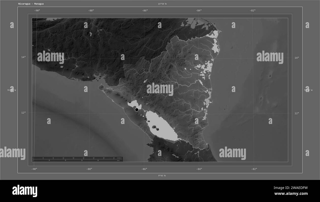 Nicaragua highlighted on a Grayscale elevation map with lakes and ...