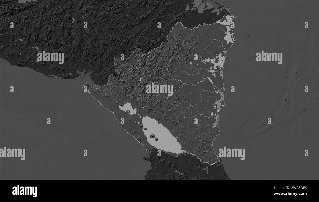Nicaragua highlighted on a Bilevel elevation map with lakes and rivers ...