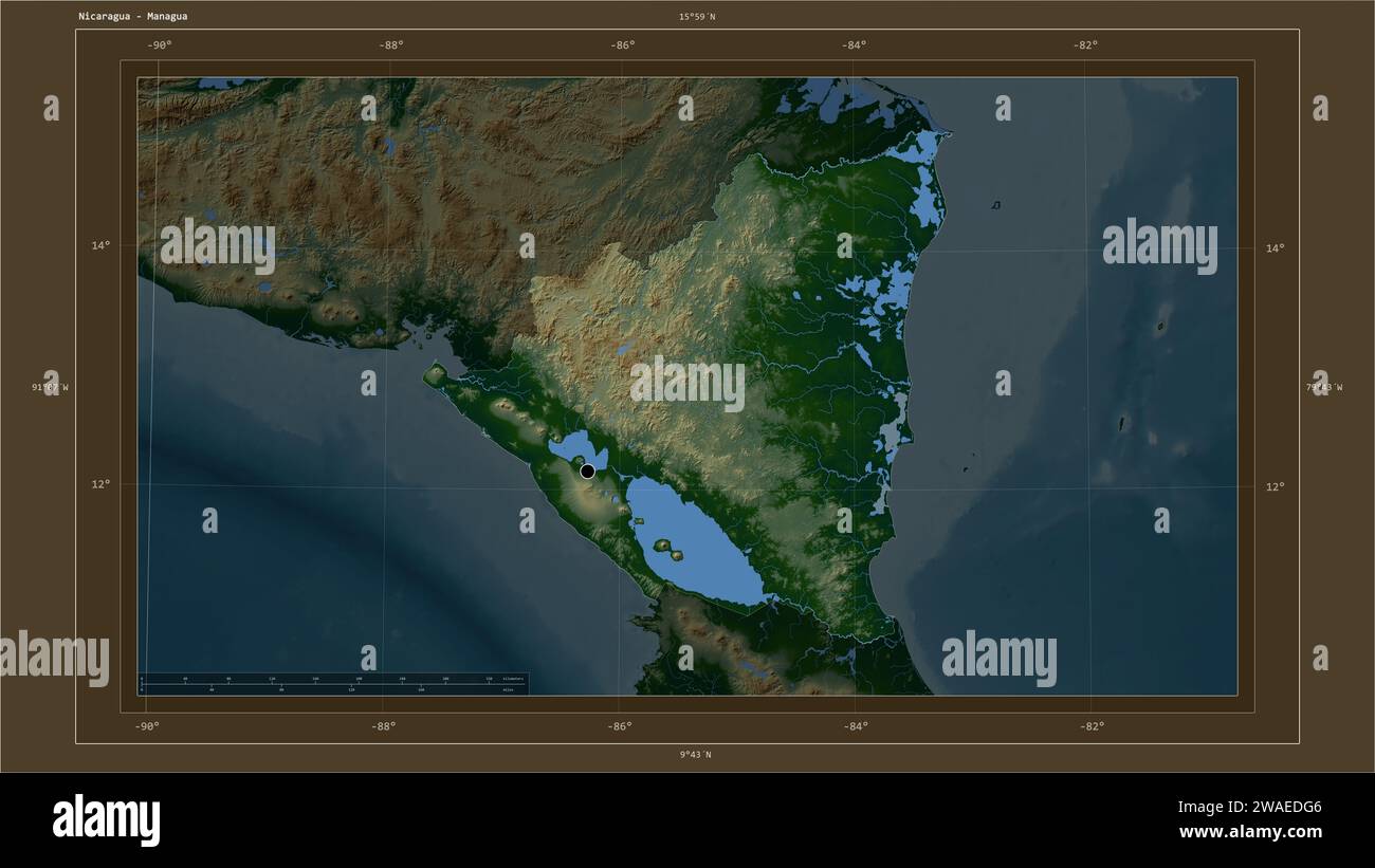 Nicaragua highlighted on a Colored elevation map with lakes and rivers ...