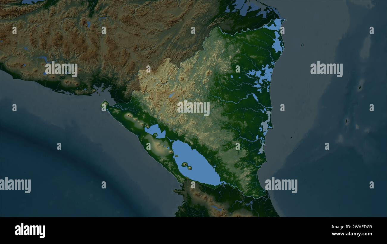 Nicaragua highlighted on a Colored elevation map with lakes and rivers ...