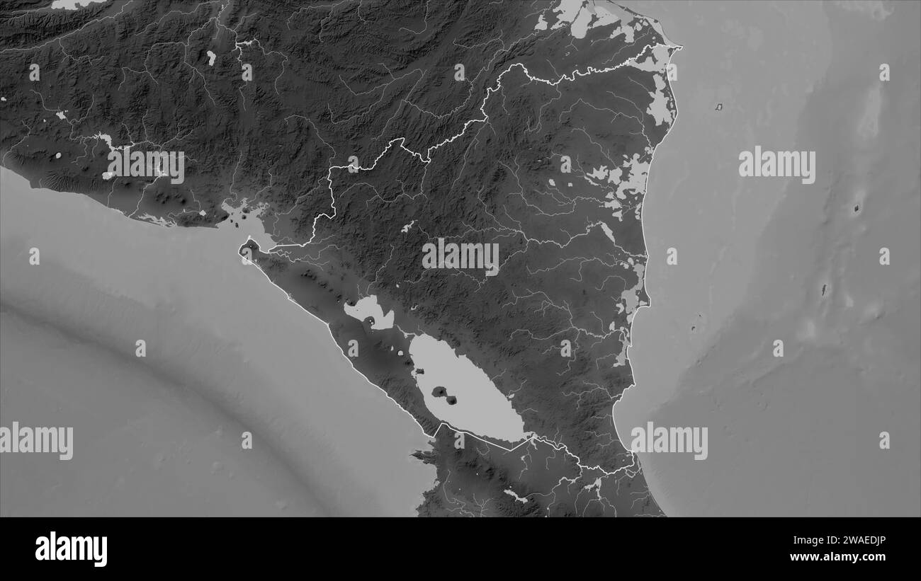 Nicaragua outlined on a Grayscale elevation map with lakes and rivers ...