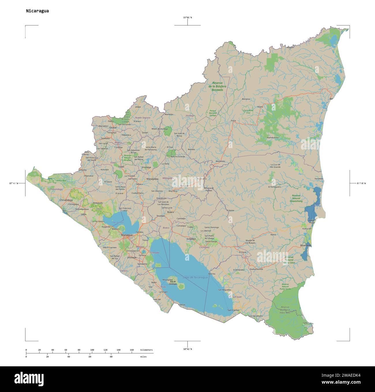 Shape of a topographic, OSM standard style map of the Nicaragua, with ...