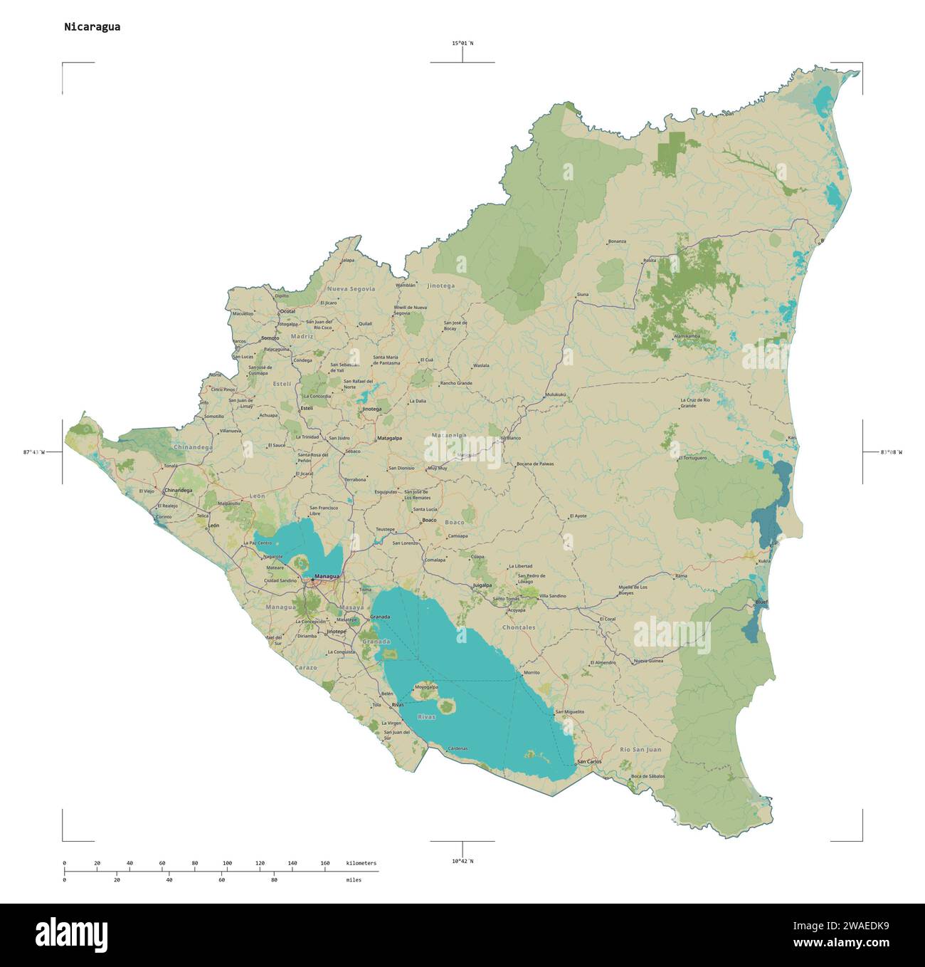 Shape of a topographic, OSM Humanitarian style map of the Nicaragua ...