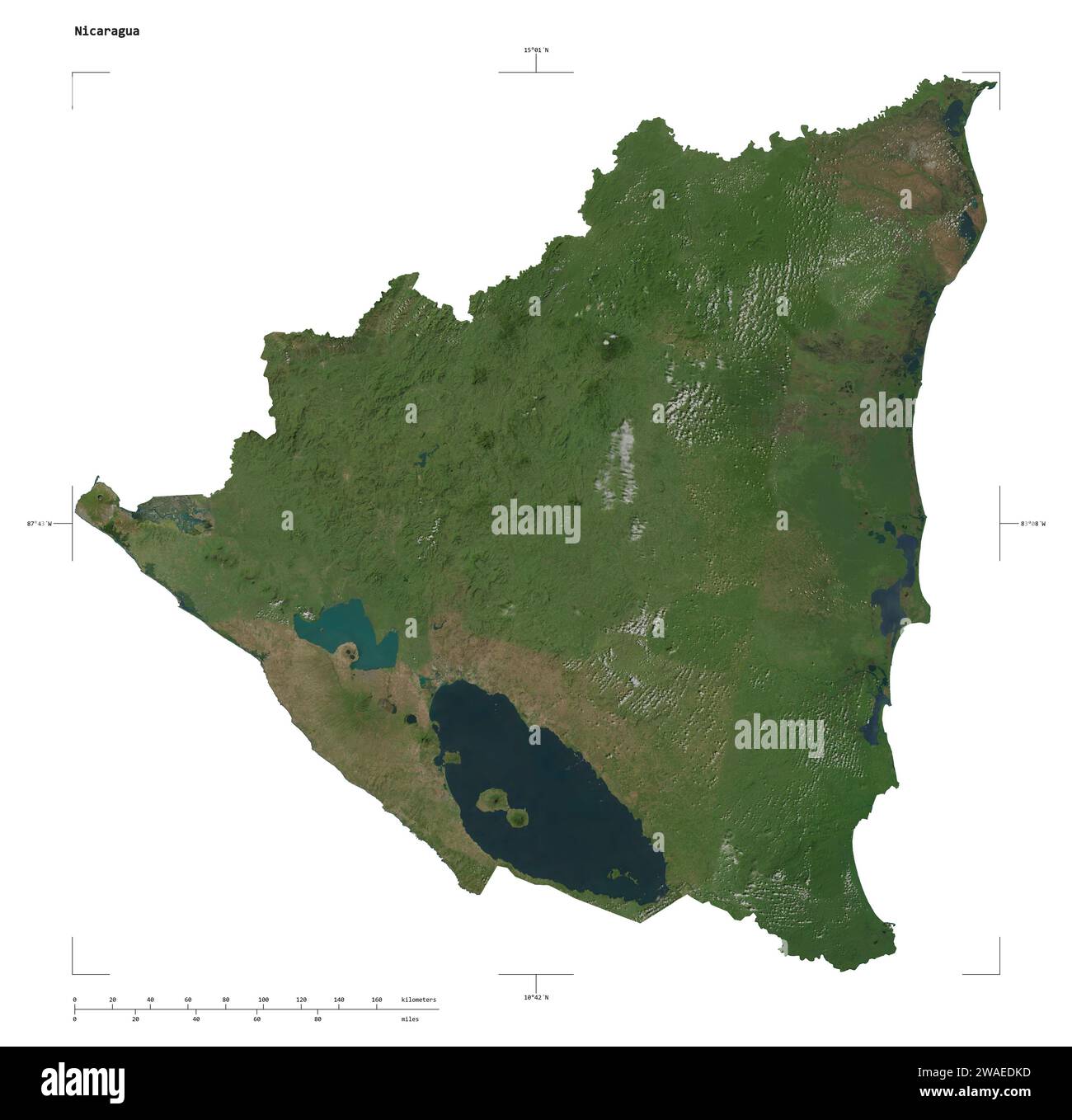Shape of a high resolution satellite map of the Nicaragua, with ...