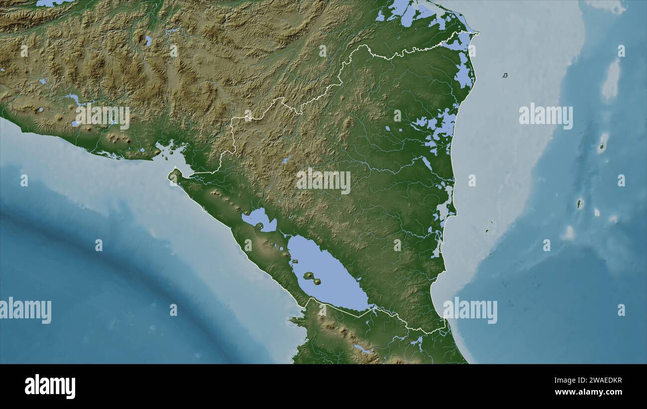 Nicaragua outlined on a Pale colored elevation map with lakes and ...