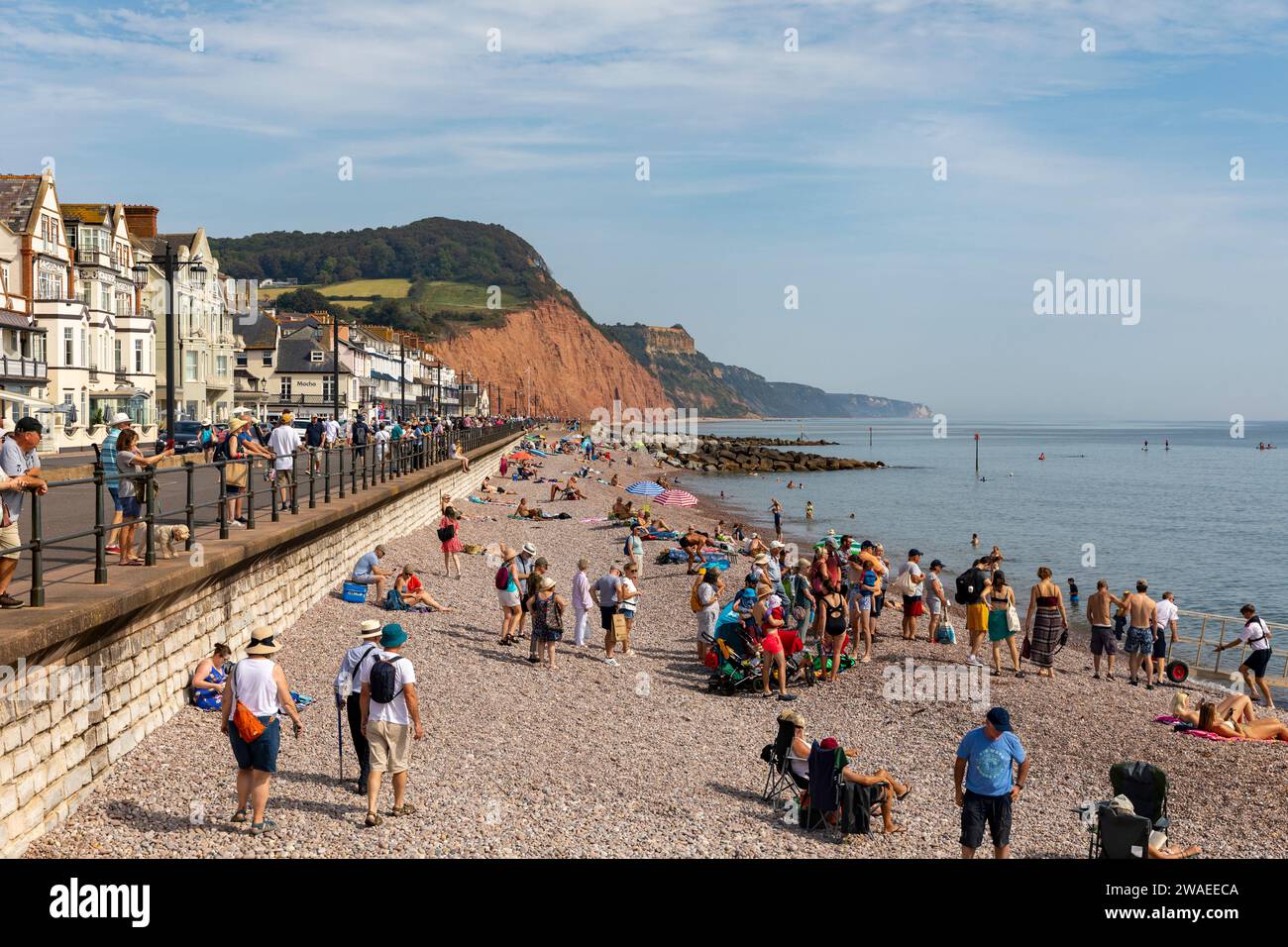 Sidmouth Devon England, shingle beach at Lyme Bay, people sunbathe and ...