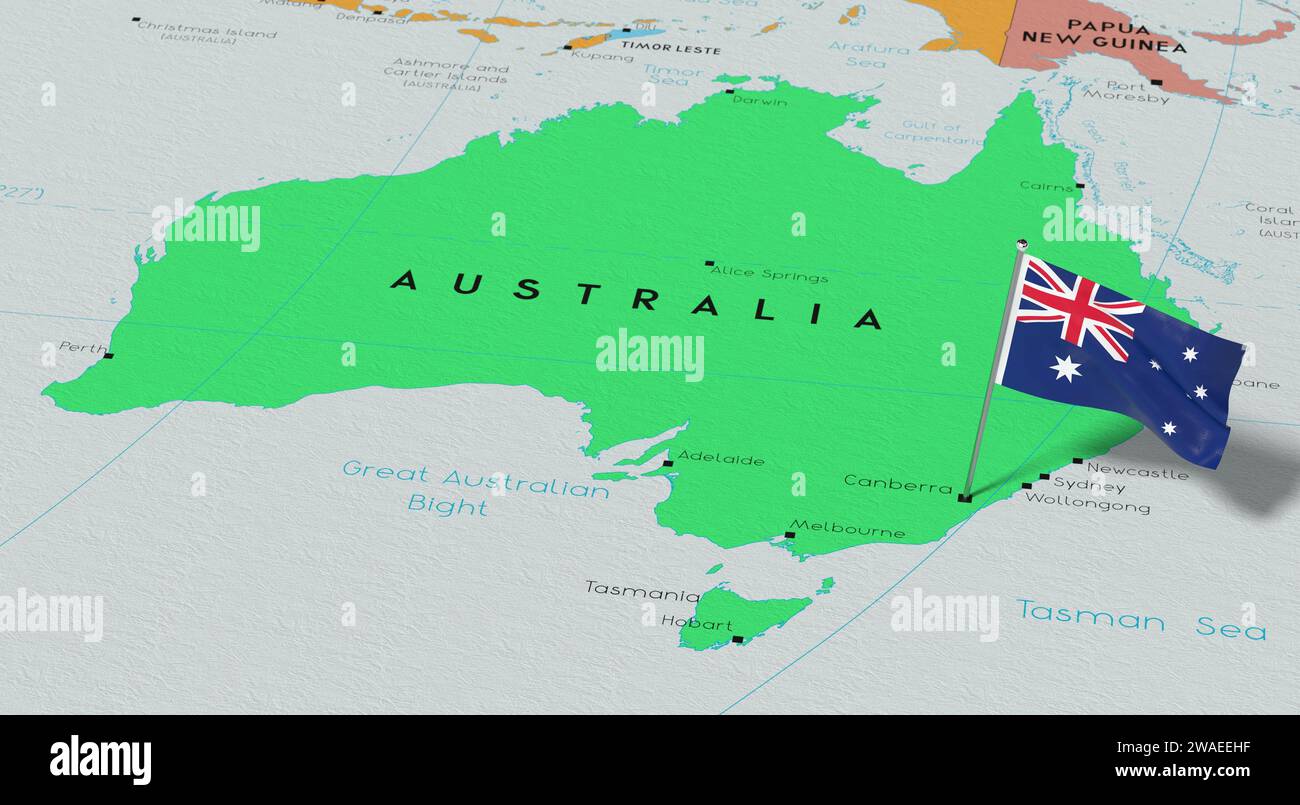 Australia, Canberra - national flag pinned on political map - 3D ...