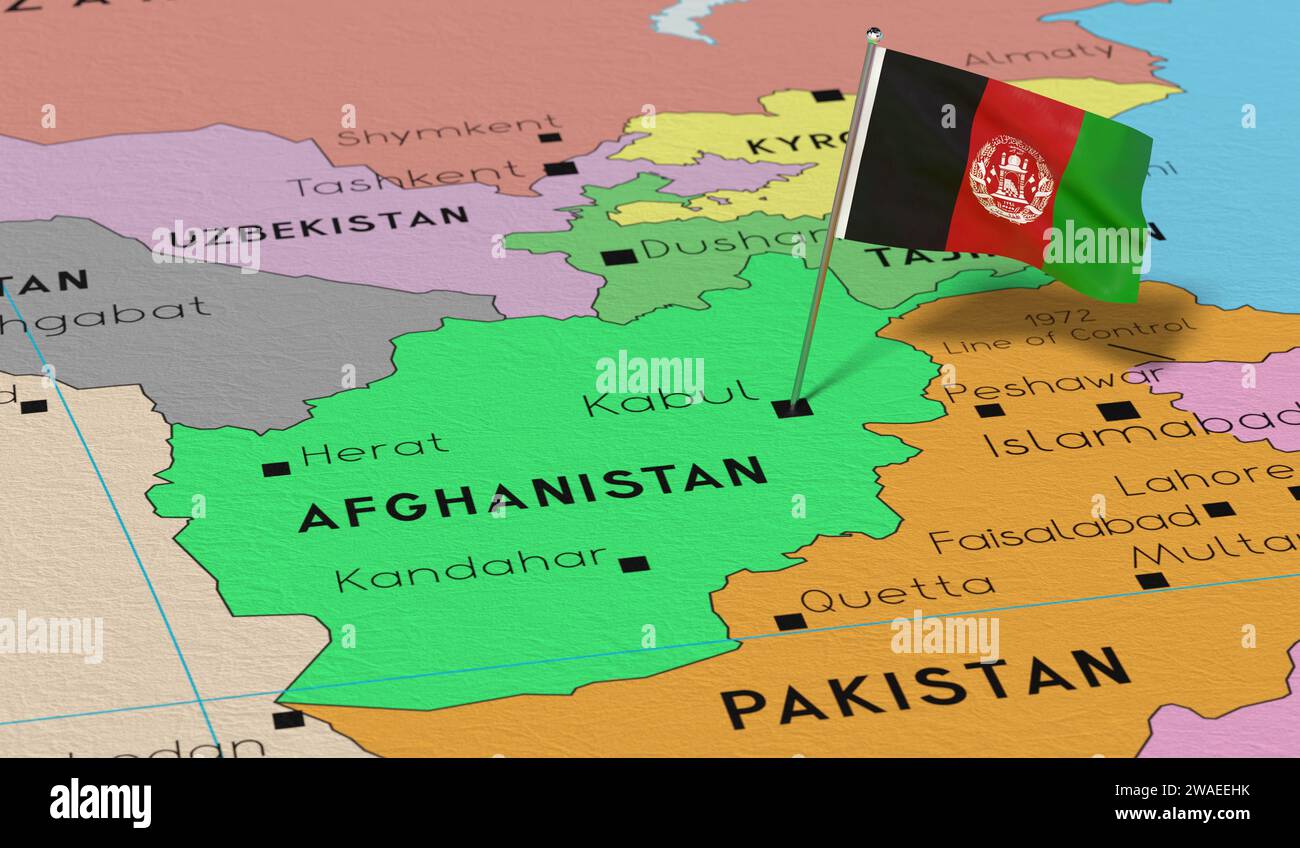 Afghanistan, Kabul - national flag pinned on political map - 3D ...