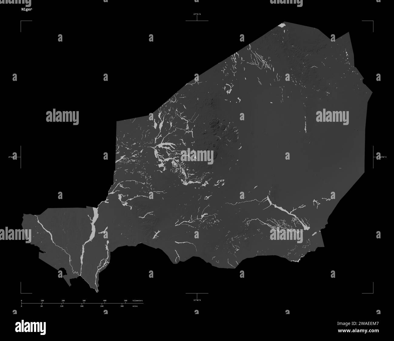Shape of a Grayscale elevation map with lakes and rivers of the Niger, with distance scale and ...