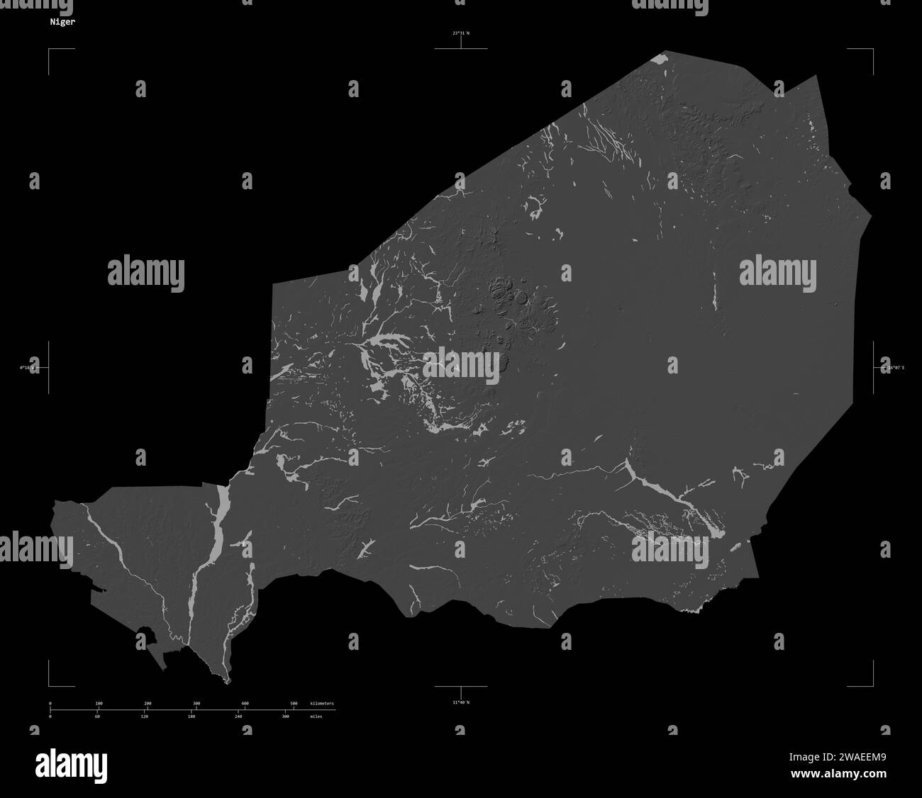 Shape of a Bilevel elevation map with lakes and rivers of the Niger ...