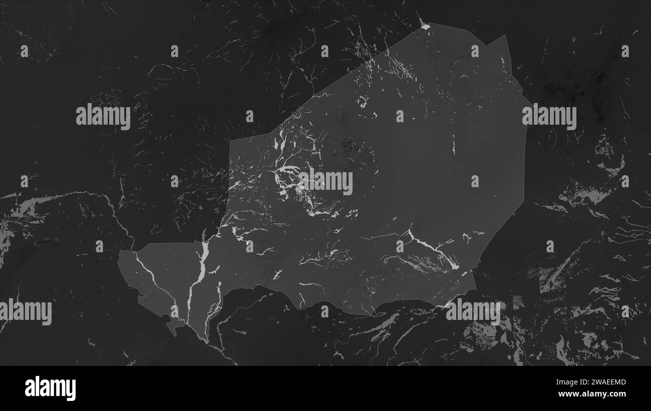 Niger highlighted on a Grayscale elevation map with lakes and rivers ...