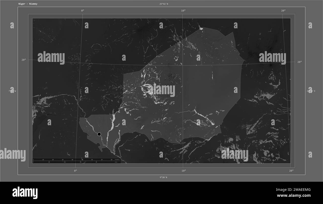 Niger highlighted on a Grayscale elevation map with lakes and rivers ...