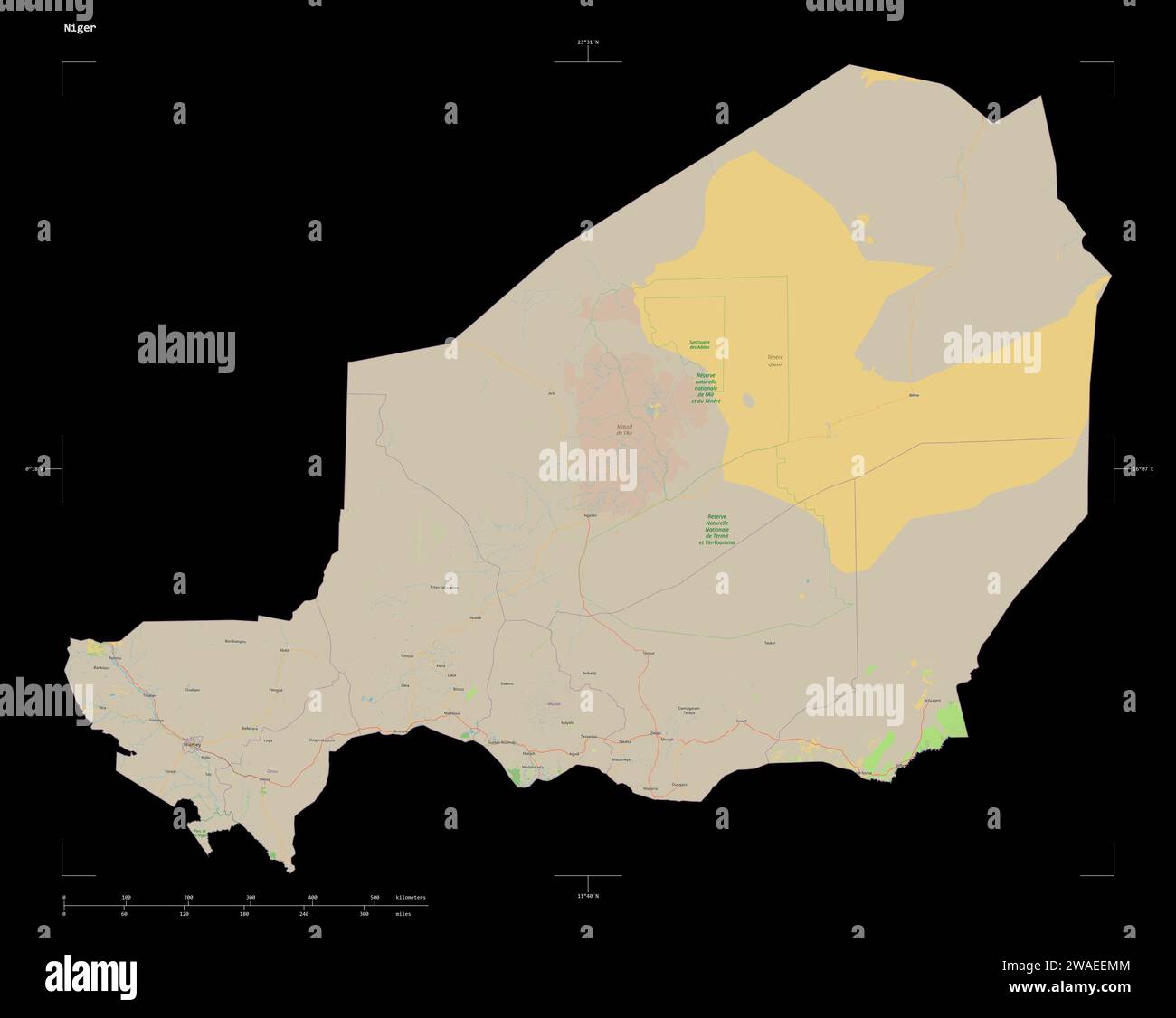 Shape of a topographic, OSM standard style map of the Niger, with ...
