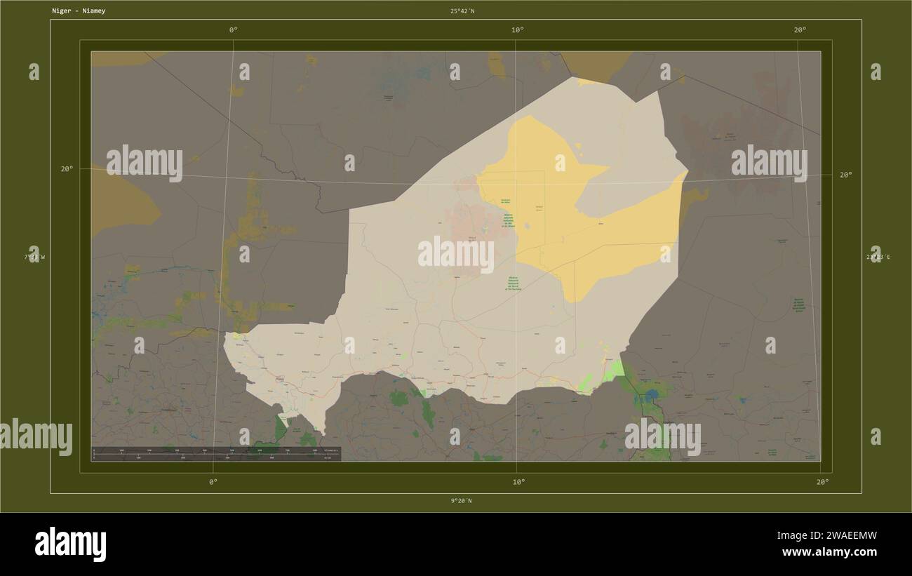 Niger highlighted on a topographic, OSM standard style map map with the ...