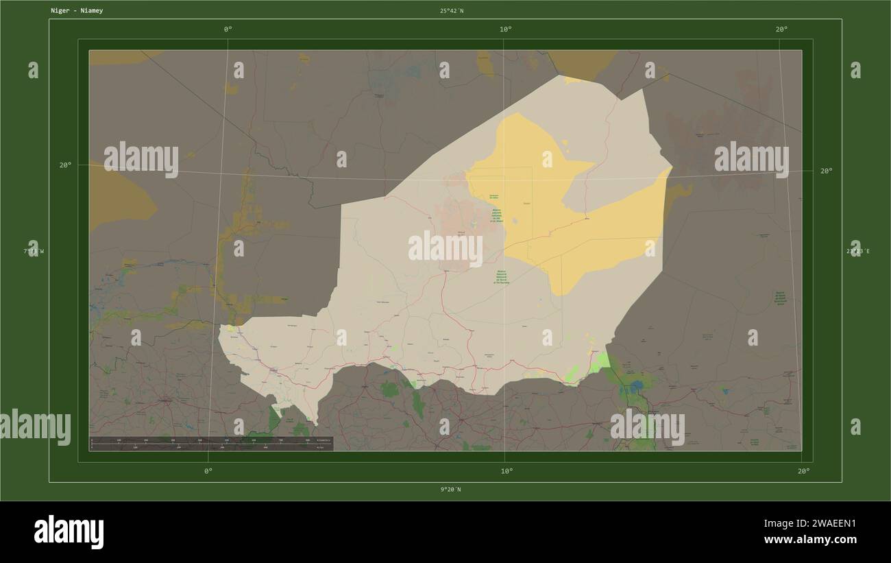Niger highlighted on a topographic, OSM Germany style map map with the ...